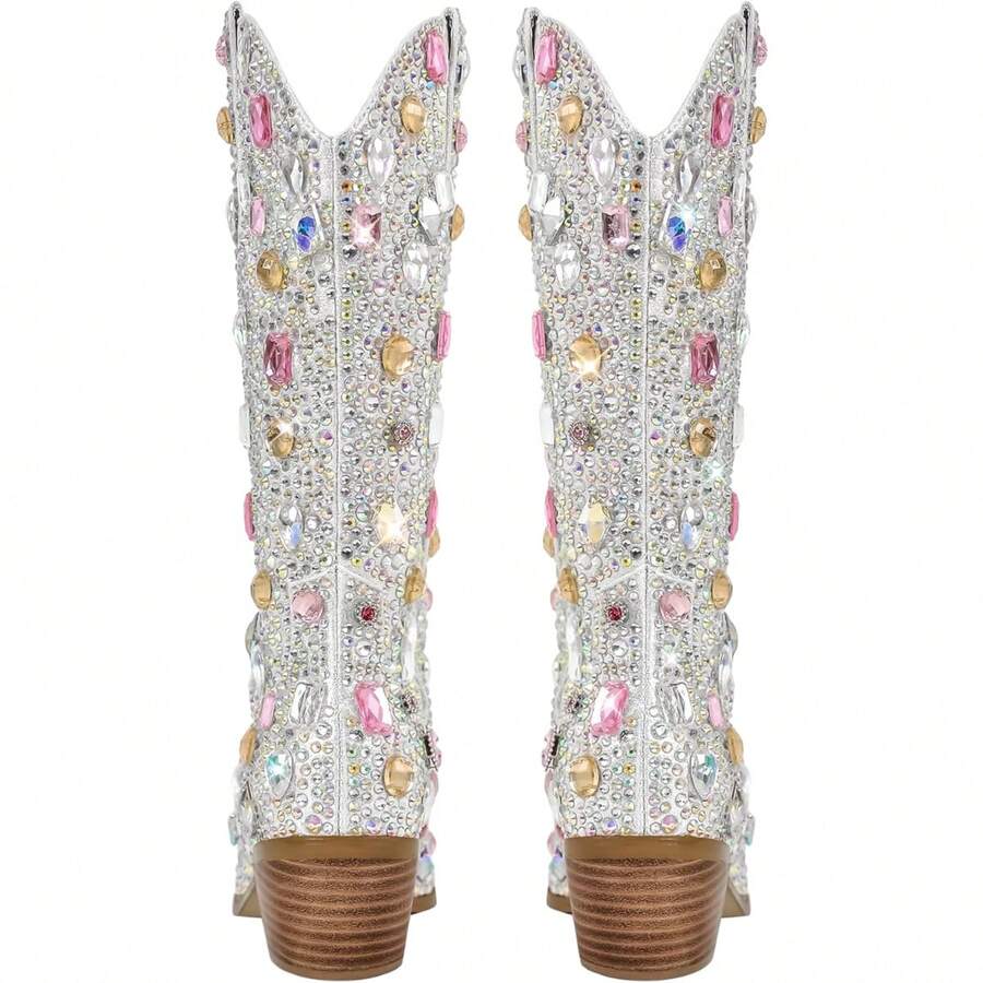 Shiny Rhinestone Denim Cowgirl Style Boots Women's Calf High Boots ...