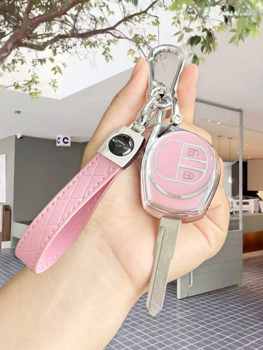 Fashionable Unisex High-End Twill Leather Keychain + Sakura Pink TPU ...