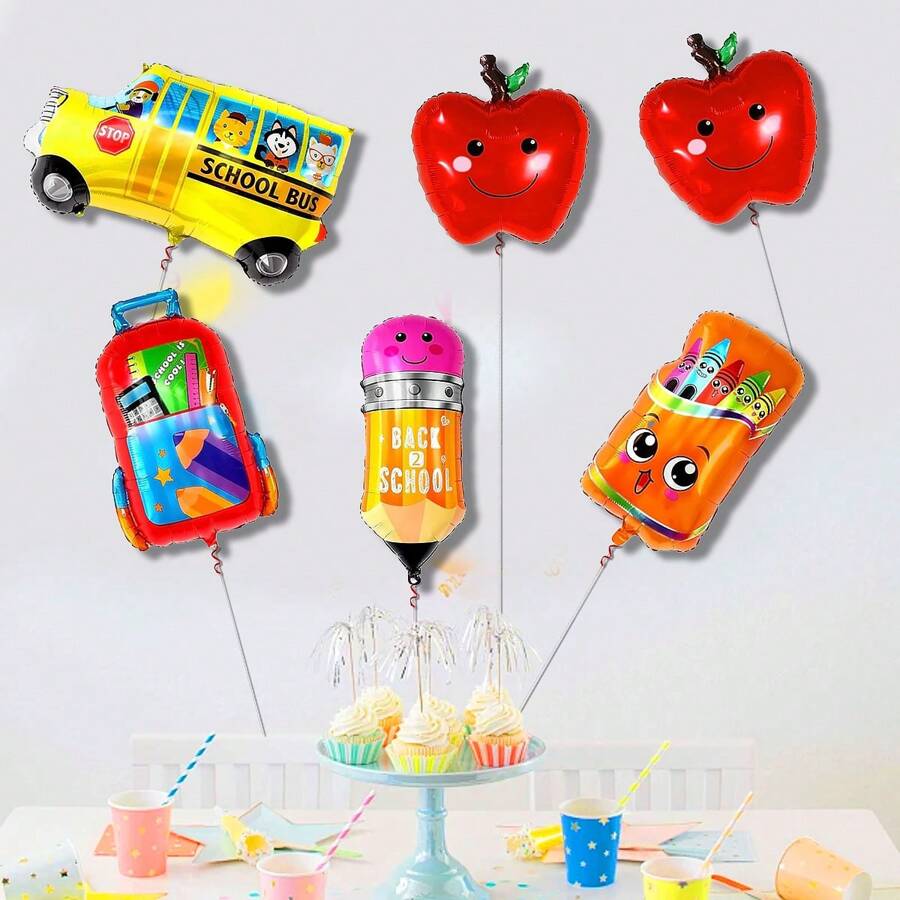 Back To School Balloon Set 6pcs School Bus & Apple Shaped Balloons ...