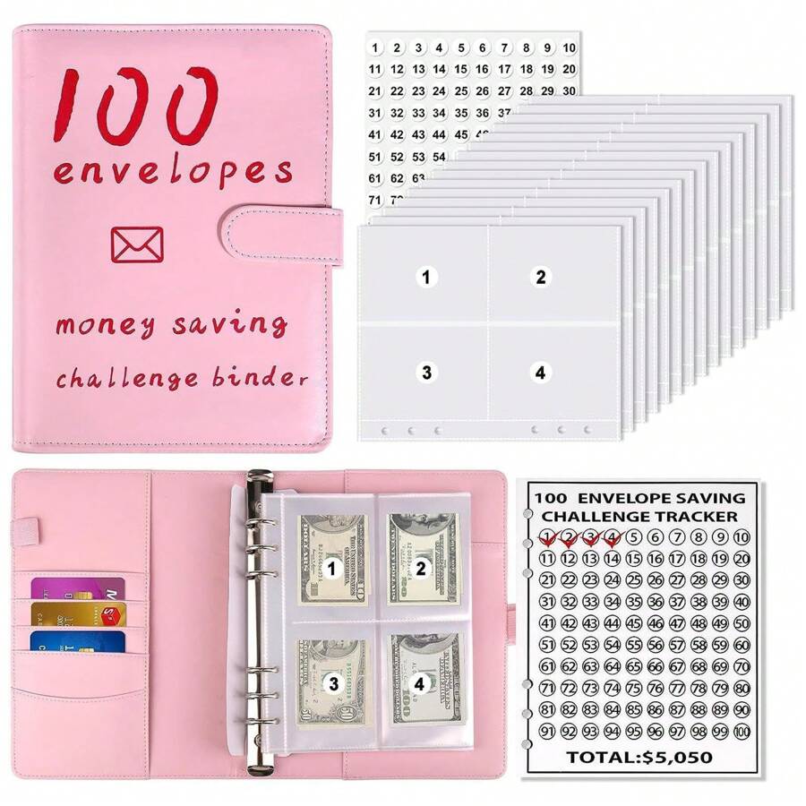 Savings Challenge Binder, 100 Envelope Challenge Binder, A5 PU Leather ...