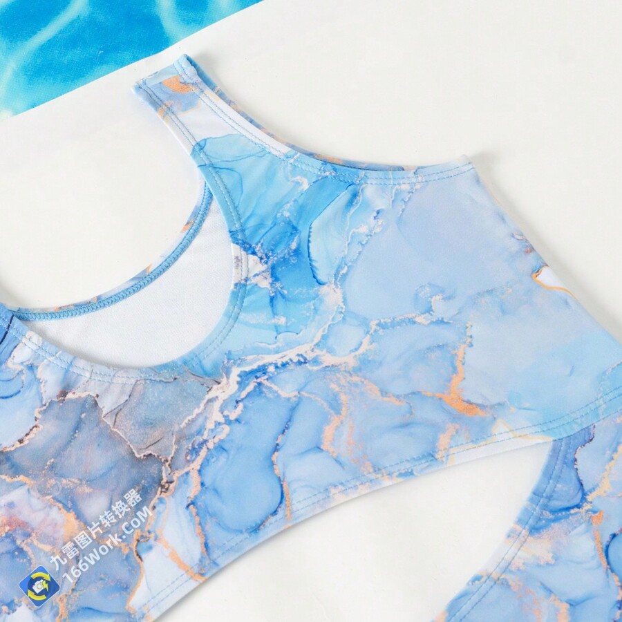 2024 New Marble Tie-Dye Tween Girl's Side Cut-Out One Piece Swimsuit | SHEIN EUR