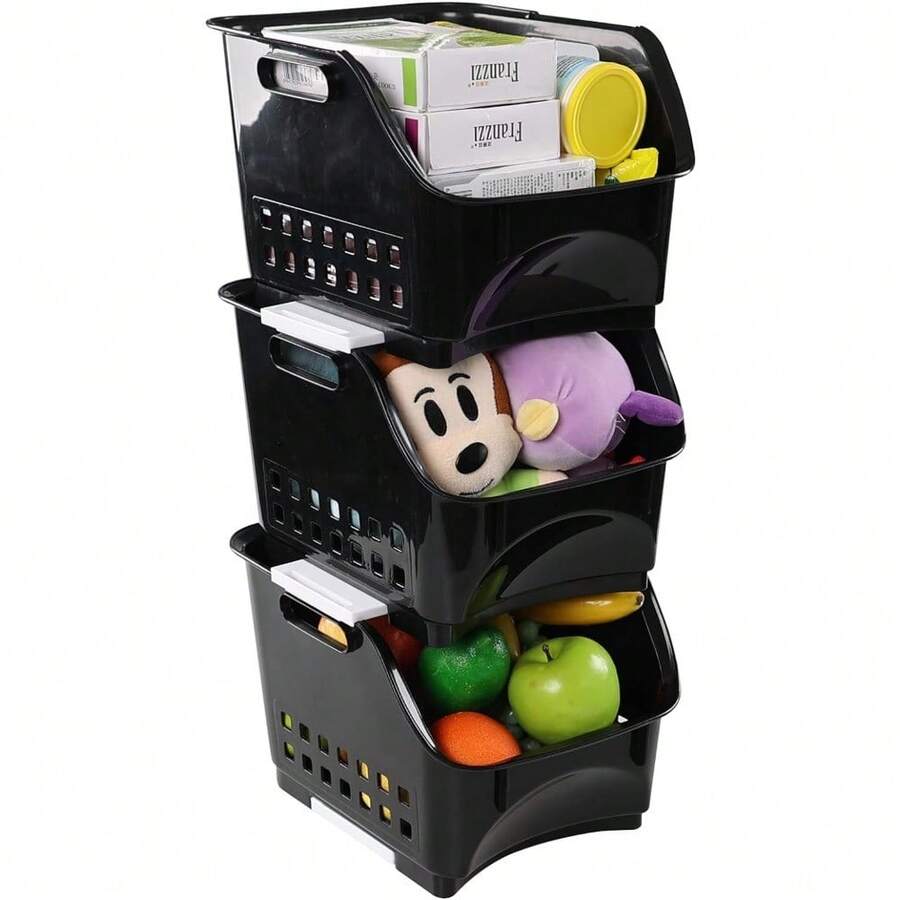 3 Tier Kitchen Stacking Open Storage Bins, Plastic Stackable Storage ...