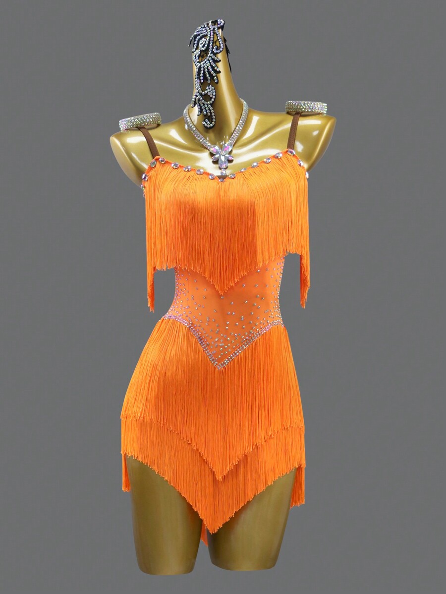 New Orange Latin Dance Dress, Dance Competition Costume For Adults And ...