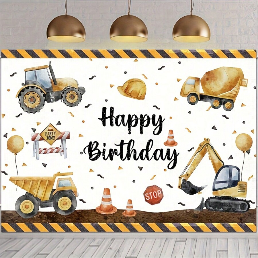 Construction Theme Birthday Backdrop Dump Truck Excavator Crane ...