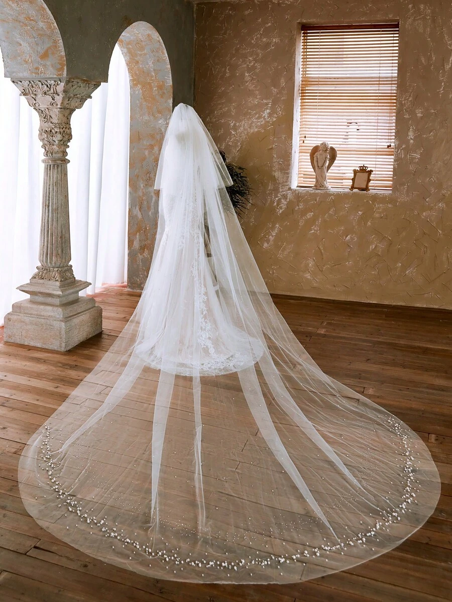 1pc Bridal Veil For Women, White Pearl & Rhinestone Adorned Tulle ...