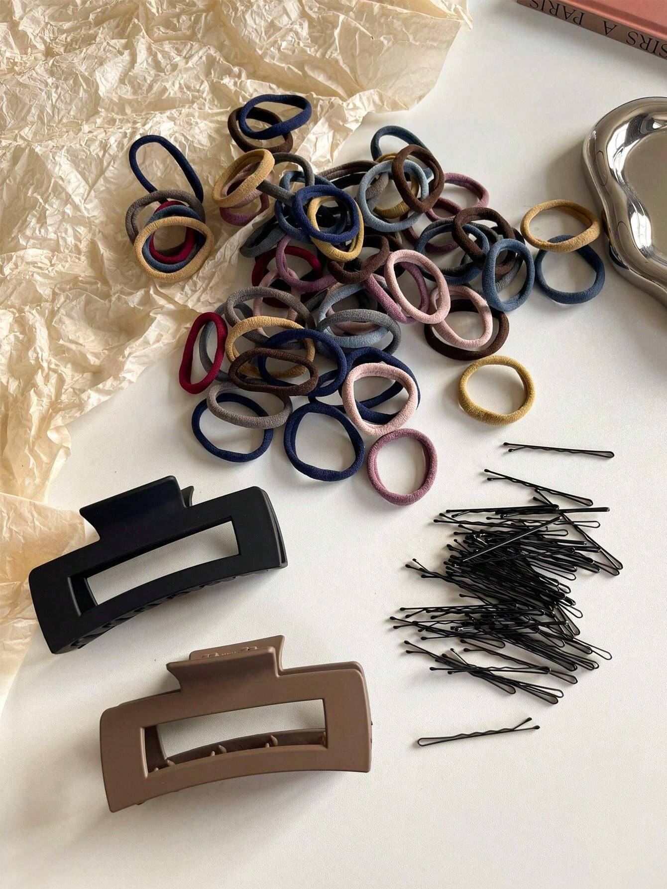 102pcs Women's Hair Ties & Clips Set, Black/Brown/Red/Khaki Colors ...