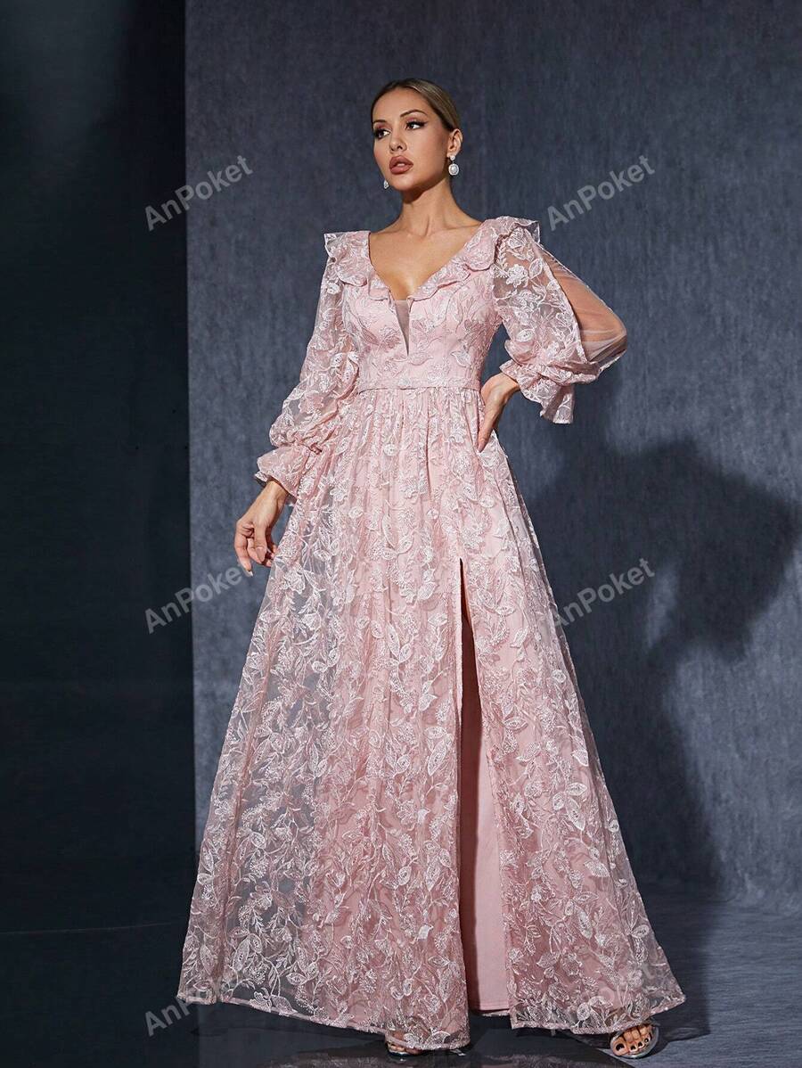 V-Neck Embroidered Lace Long Sleeve High-End Evening Dress With Ruffle Trim | SHEIN USA