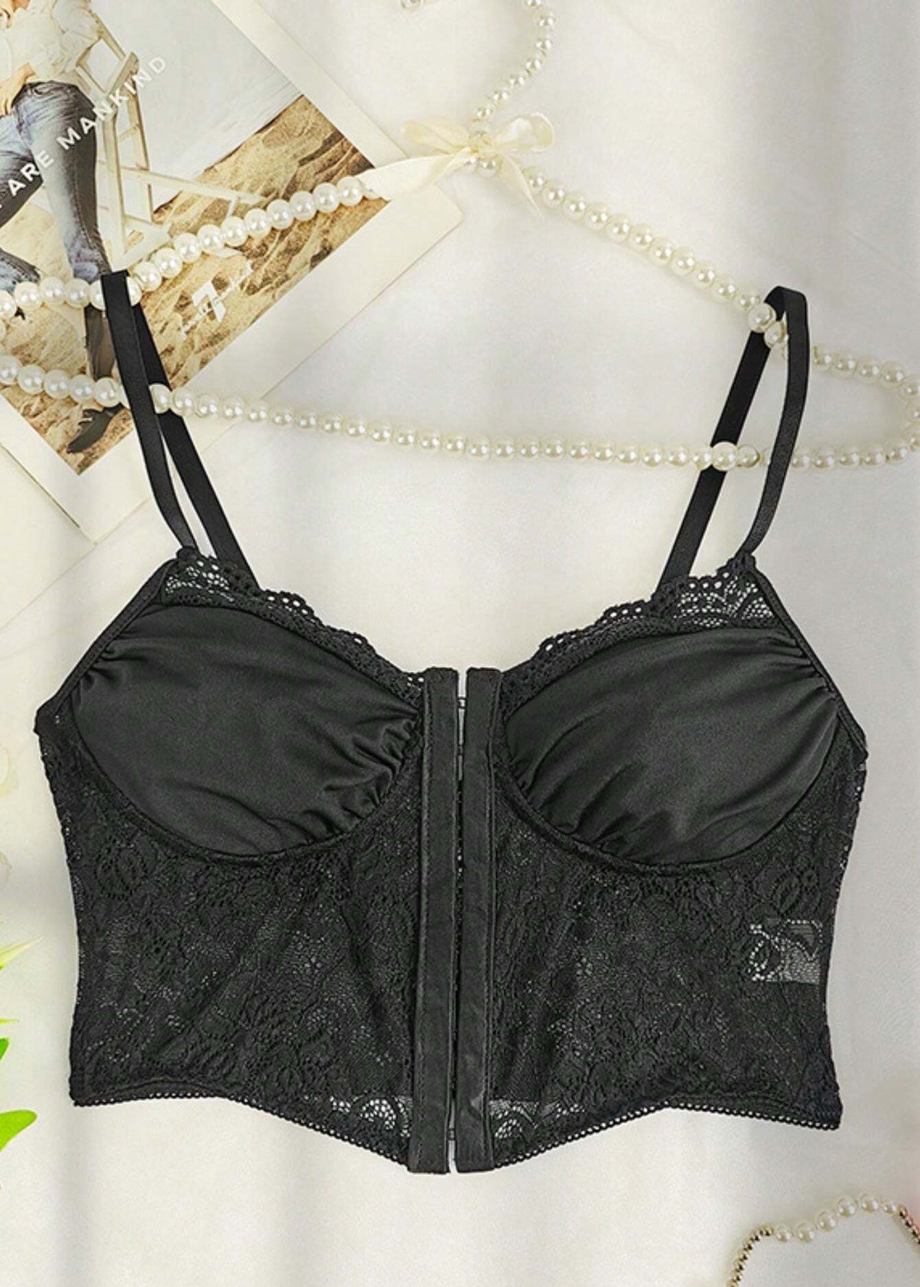 ゴシック風ブラック シースルー レース キャミソール、ボタンと美しいバックデザイン、インナーウェアとして最適 | SHEIN JAPAN