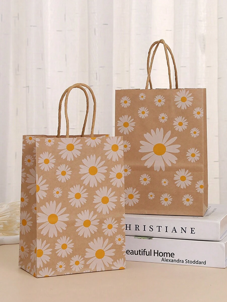 8pcs Daisy Print Gift Bags, Party Favor Packaging, Kraft Paper Shopping ...