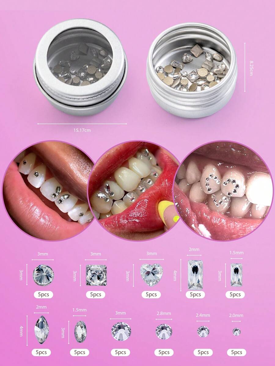 55 Pieces Tooth Gems DIY Teeth Crystal Flat Back Glass Gemstone Multi ...