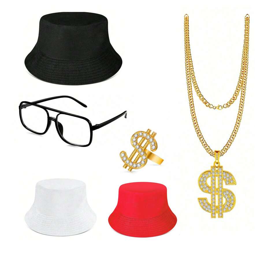 4Pcs Hip Hop Costume Kit 80s/90s Rapper Accessories-Bucket Hat ...