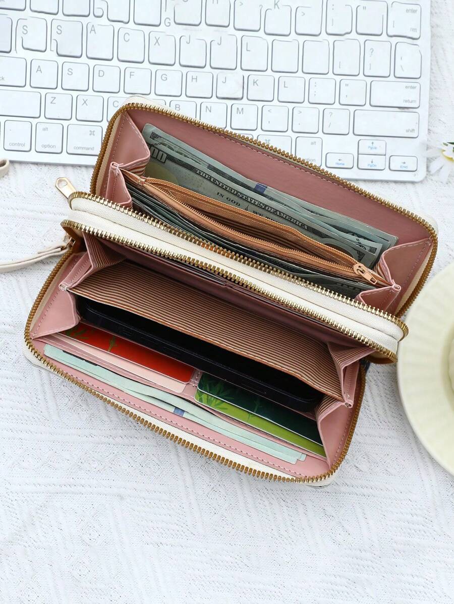 Women's Double Zipper PU Leather Wallet With Wrist Strap, Letter Print ...