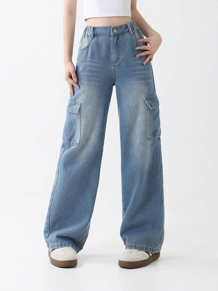 Teen Girl Light Colored Loose Fit Street-Style Denim Jeans With Wide ...