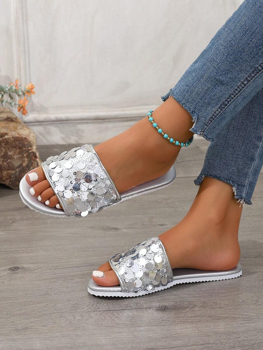 Women's Spring/Summer Round Toe Flat Slip-On Sparkly Slippers, Silver ...