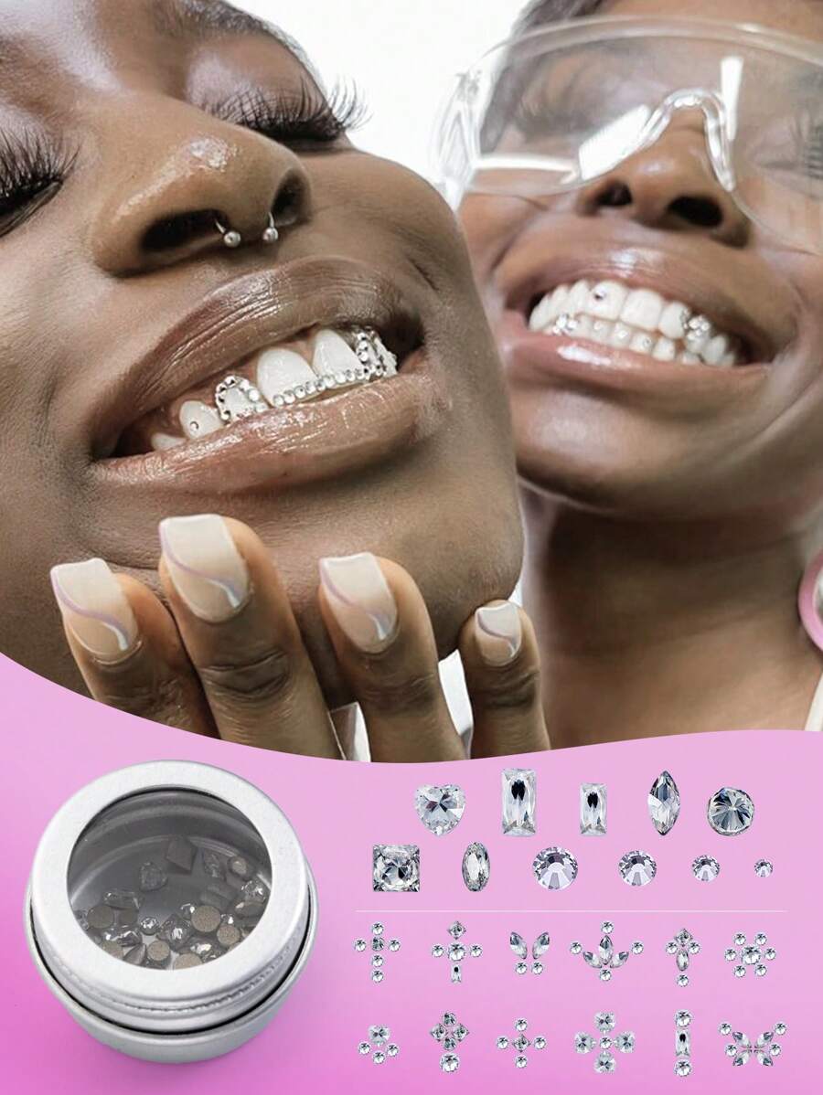 55 Pieces Tooth Gems DIY Teeth Crystal Flat Back Glass Gemstone Multi ...