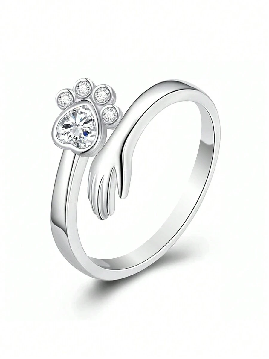 1pair Delicate 925 Sterling Silver Simple Animal Paw Print Rings For ...