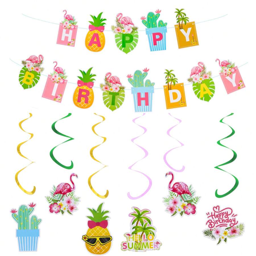 Flamingo Pull Up Banner + Hawaiian Spiral Hanging Decoration,Tropical ...