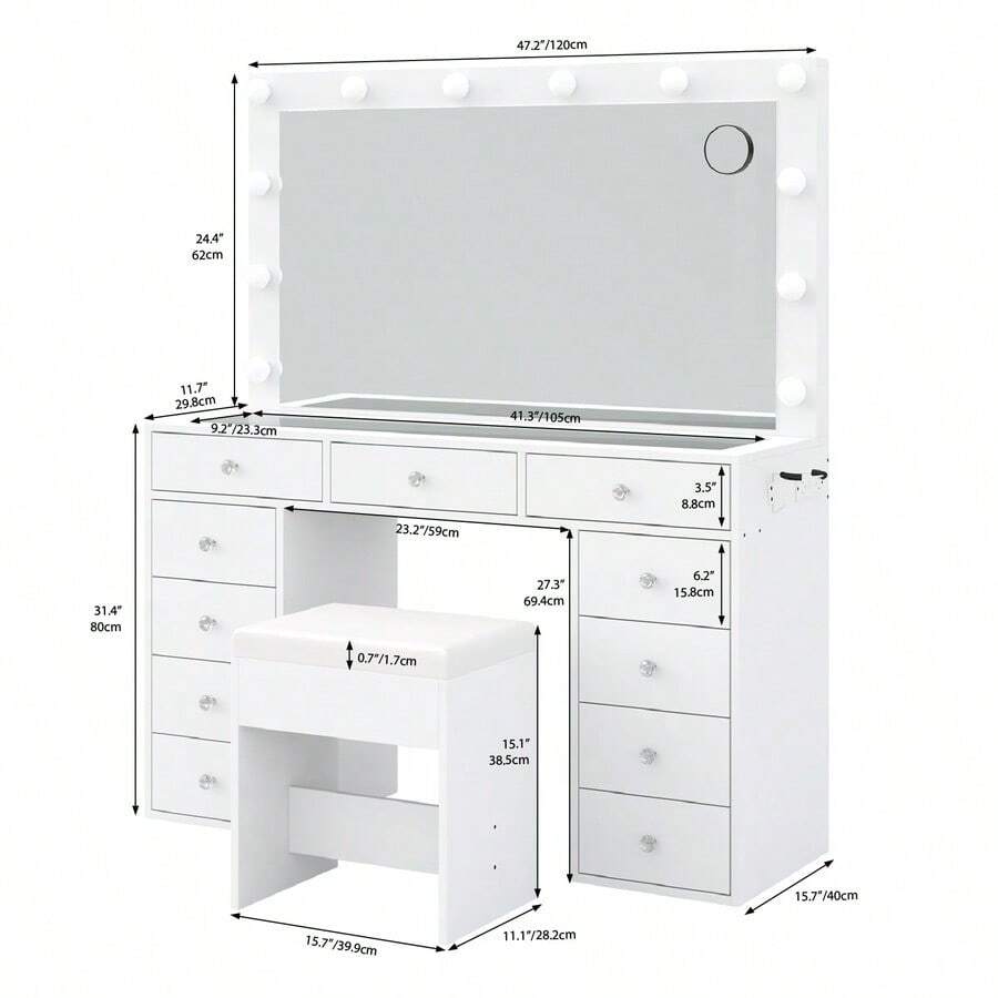 FUSOU Vanity Desk & Power Outl, Makeup Vanity With Mirror And 12 LED ...