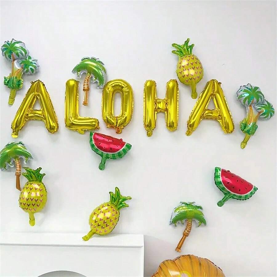 13-Piece Aloha Letter Balloon Set With Mini Coconut Trees, Watermelon ...