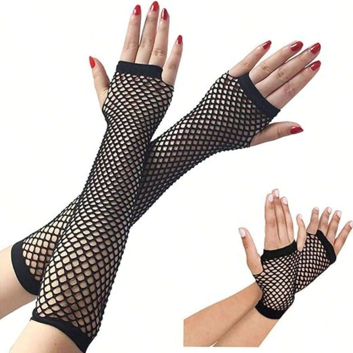 2 Pairs For 1 Set Neon Party Gloves 80s Fishnet Gloves Long And Short ...