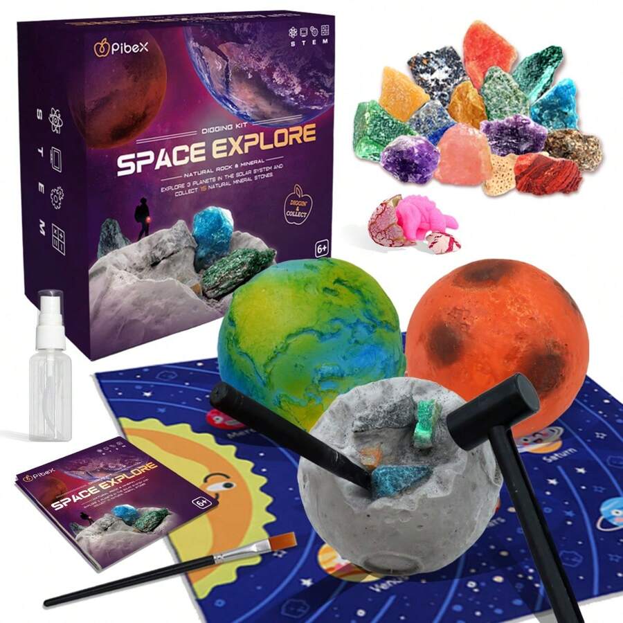 Gemstone Dig Kit, 3-IN-1 Solar System Excavating Set, Dig Up 15 Genuine ...