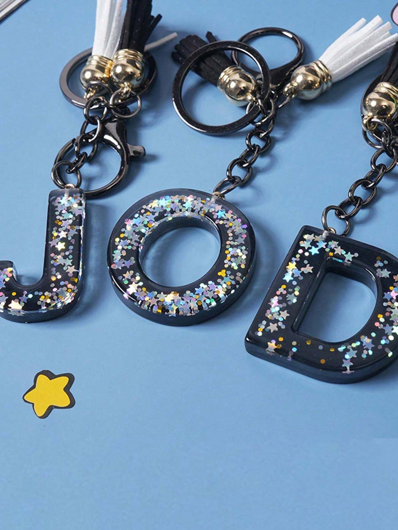1pc A-Y Alphabet Initial Letter Keychain Cute Star Sequins Resin Key ...