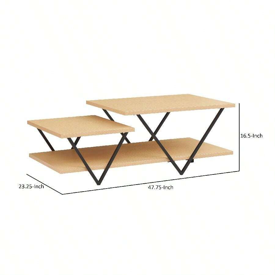 48-Inch Coffee Table With Base Shelf, V-Shaped Black Legs, Light Brown ...