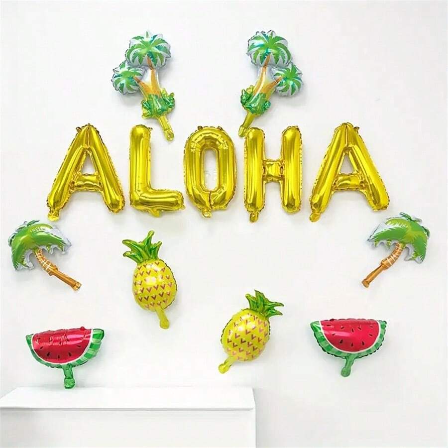 13-Piece Aloha Letter Balloon Set With Mini Coconut Trees, Watermelon ...