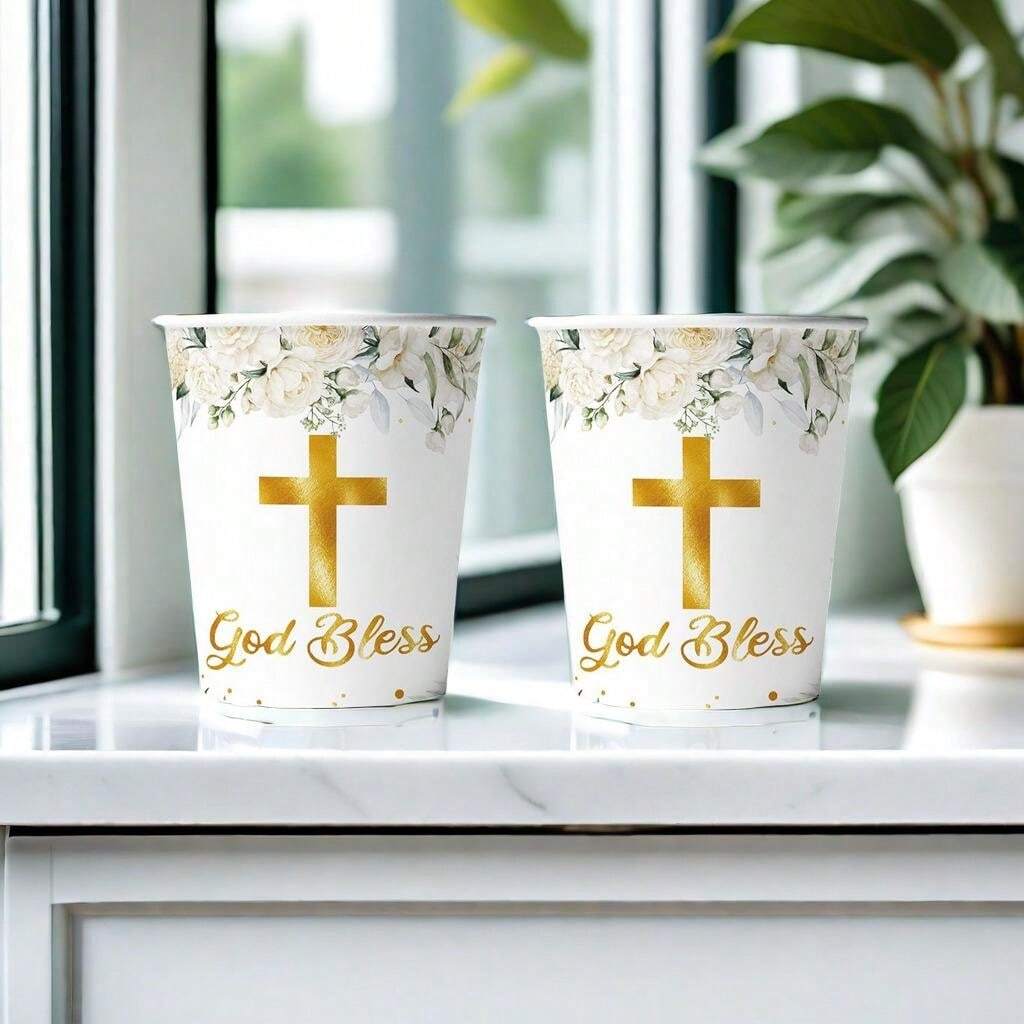60pcs Baptism Flower Cross Disposable Plastic Paper Cups, God Bless ...