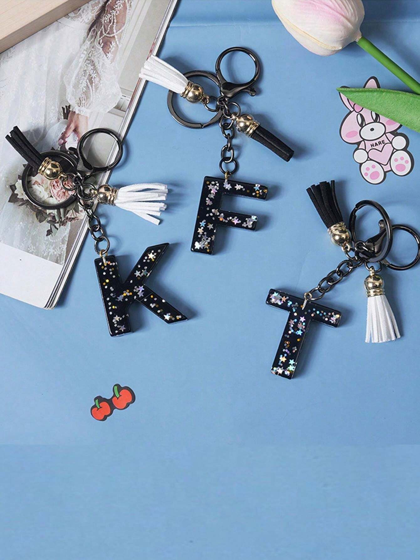 1pc A-Y Alphabet Initial Letter Keychain Cute Star Sequins Resin Key ...