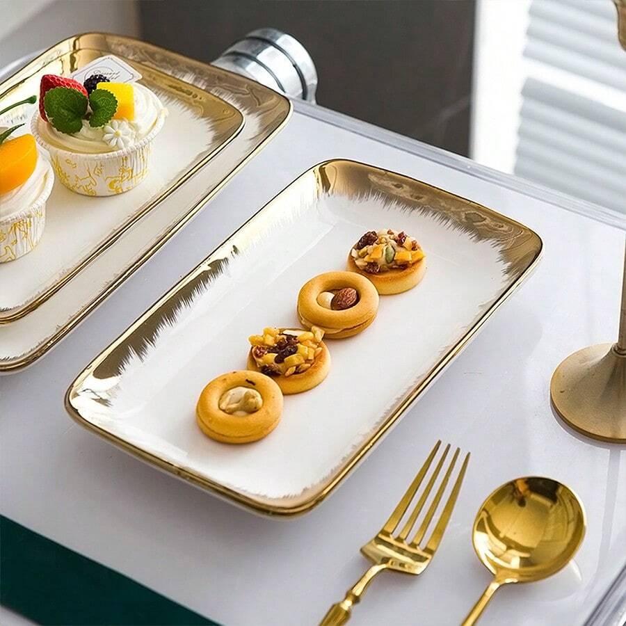 1pc Simple And Elegant Ceramic Western Dinner Plate With Golden Rim For ...