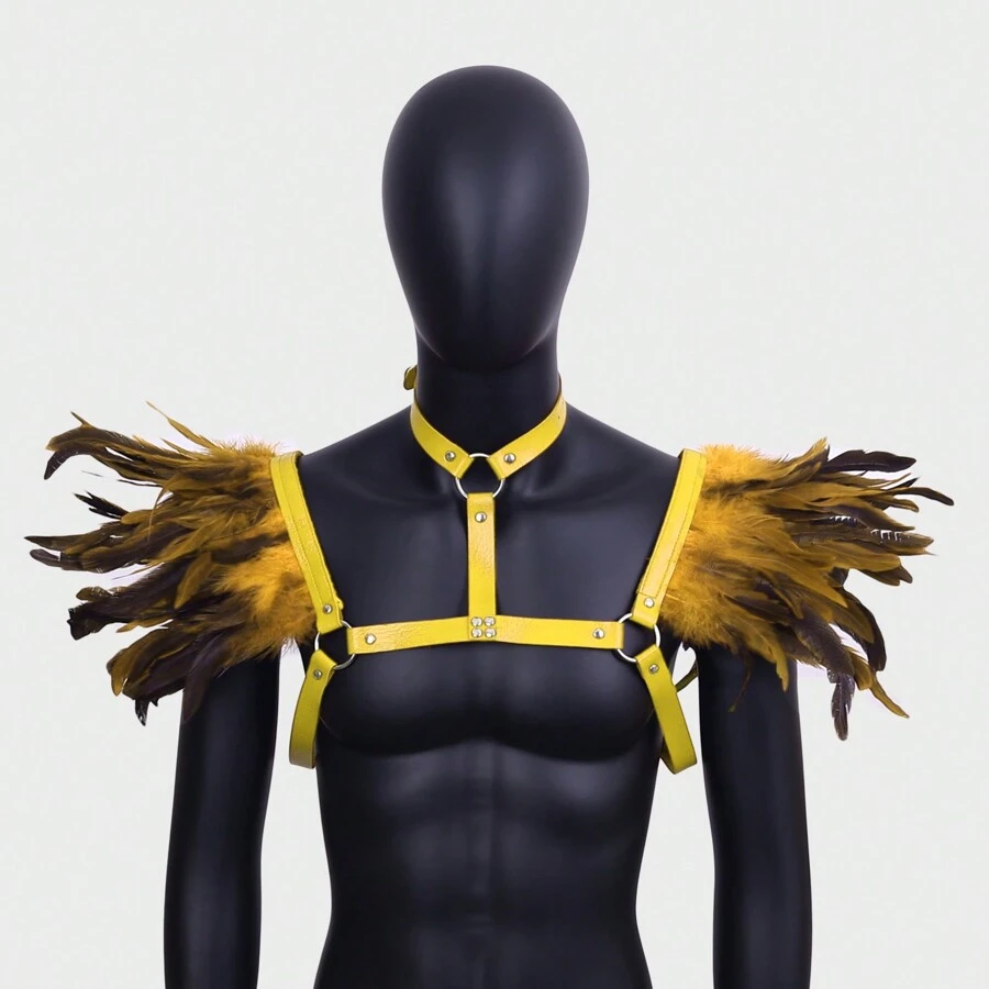 Men Gothic Natural Real Feather Epaulet Shrug Shoulder Leather Harness ...