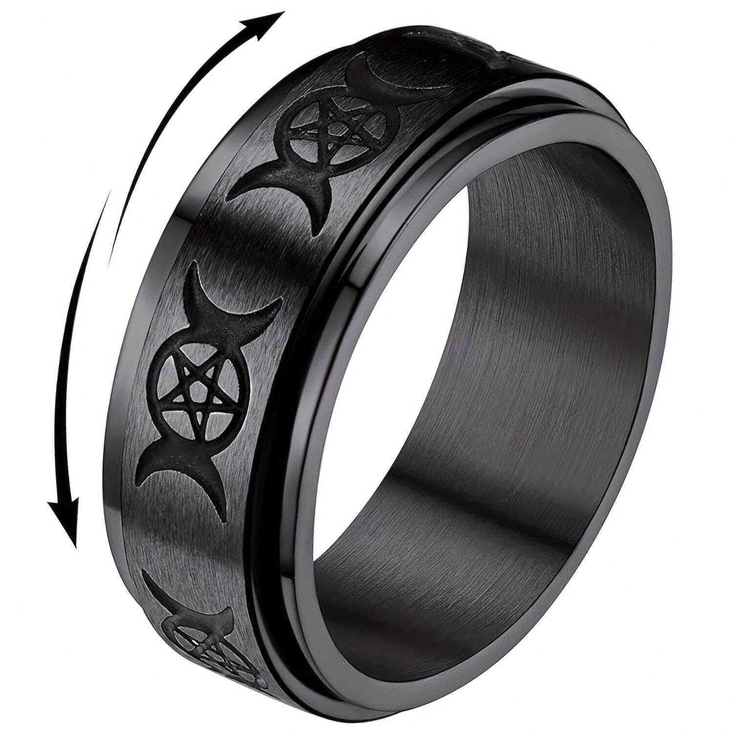 1Pc Men's 8MM Stainless Steel Pentagram Triple Moon Rotatable Ring Moon ...