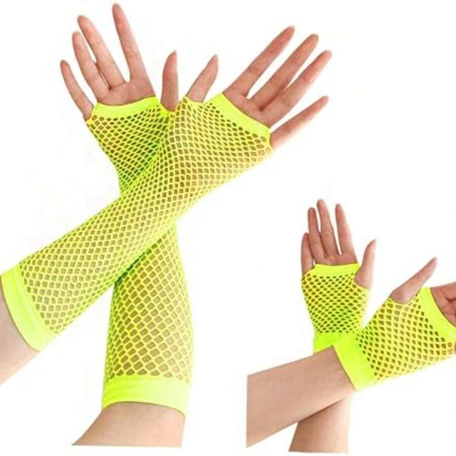 2 Pairs For 1 Set Neon Party Gloves 80s Fishnet Gloves Long And Short ...