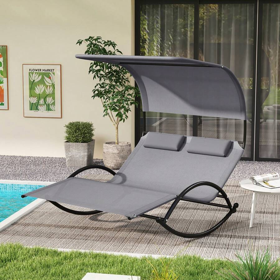 Gymax Outdoor Double Chaise Rocker Rocking Daybed Sun Lounger W/ Sun ...