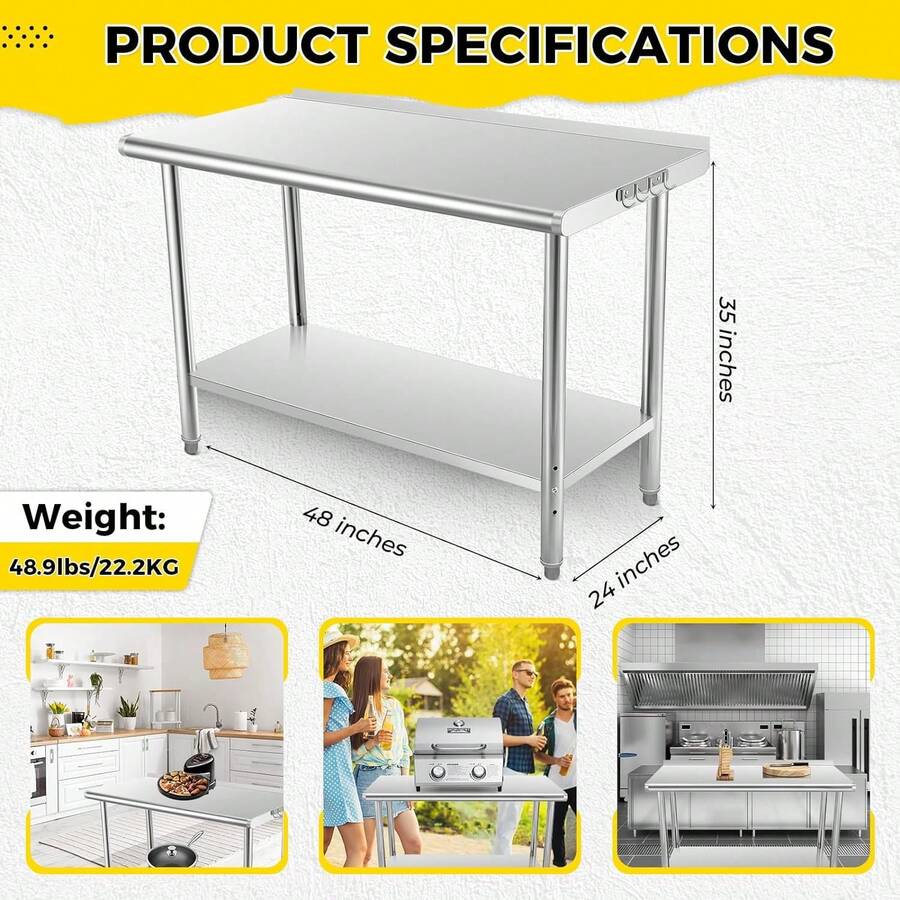 48 X 24 Inches Stainless Steel Prep Table With Backsplash, NSF ...