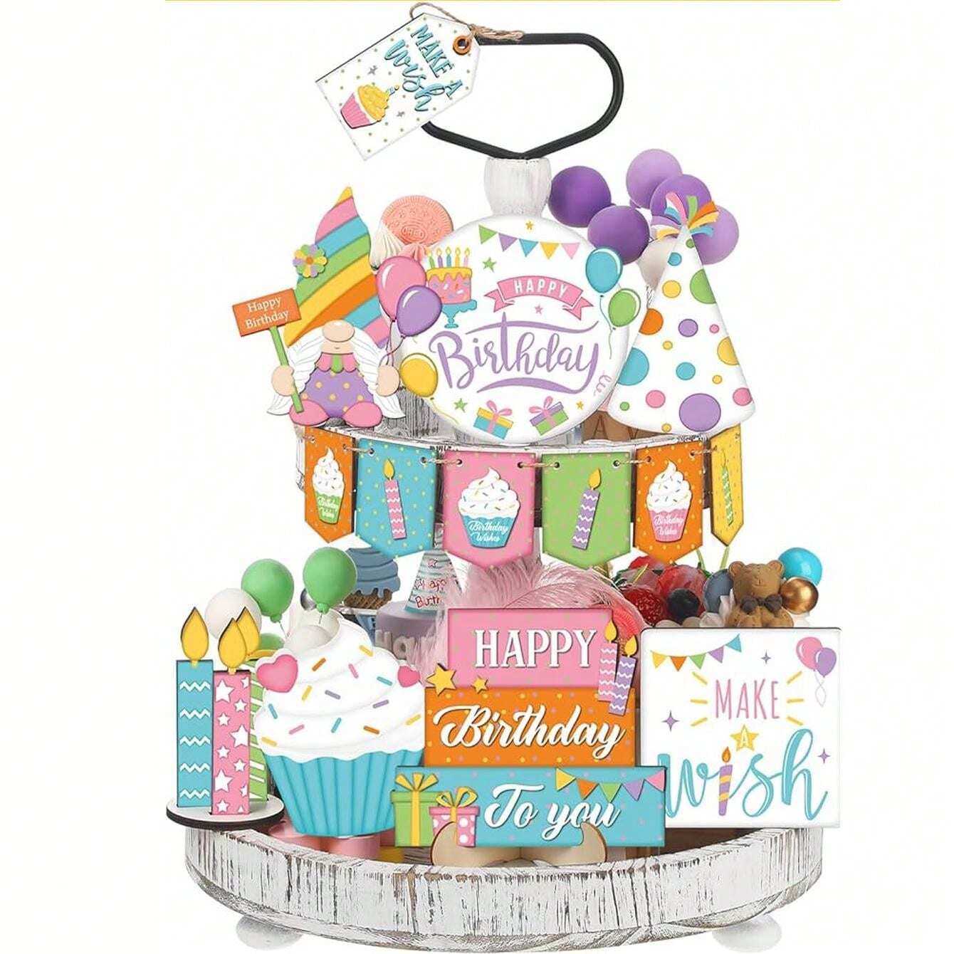 14 Pieces Birthday Tiered Tray Decor Farmhouse Happy Birthday Table ...