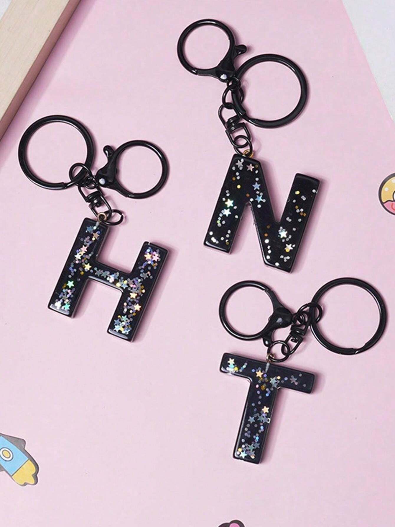 1pc A-Y Alphabet Initial Letter Keychain Cute Star Sequins Resin Key ...