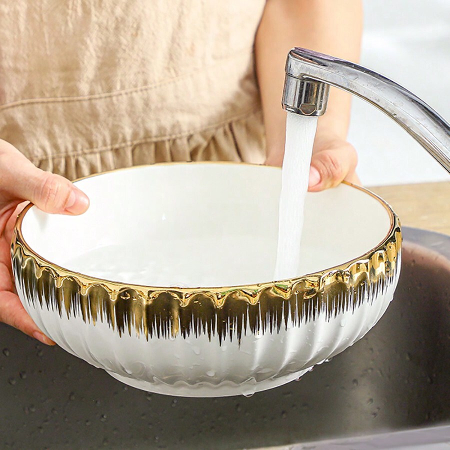 Ceramic Salad Bowl Set Of 2, 8 Inch Large Serving Bowls With Gold Trim ...