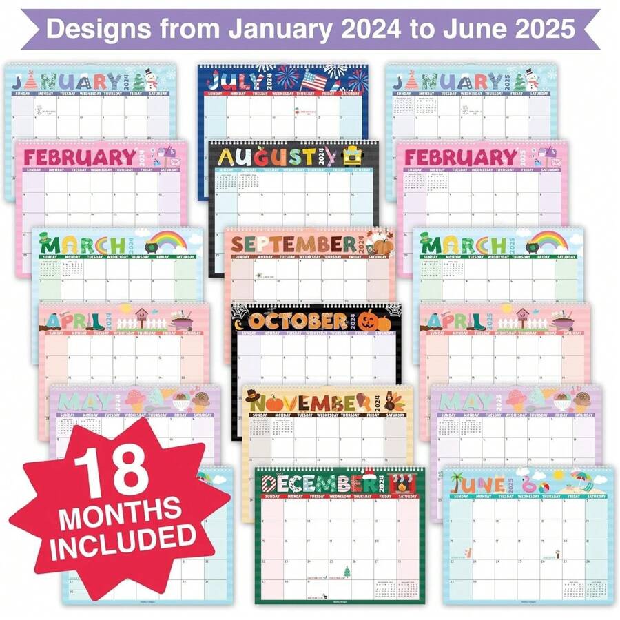 Doodle Large Wall Calendar 2024-2025 - 18 Month Wall Calendar 2024-2025 ...