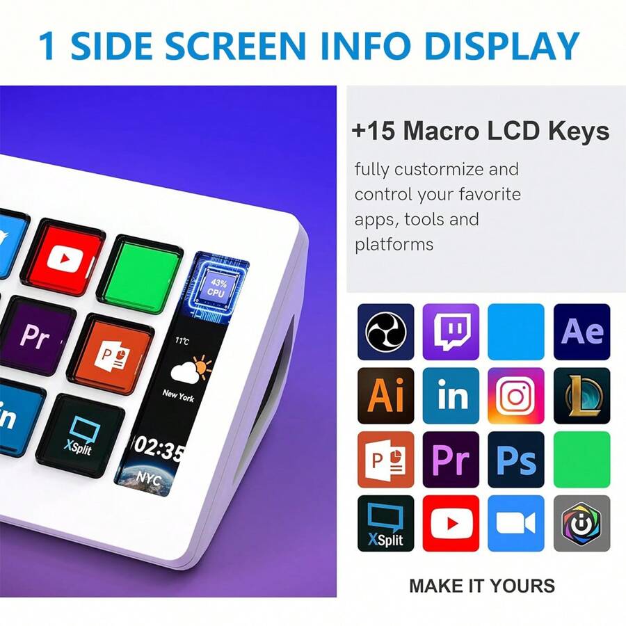 Stream Deck .2 White – Studio Controller, 15 Macro Keys, Trigger Actions In Apps And Software ...
