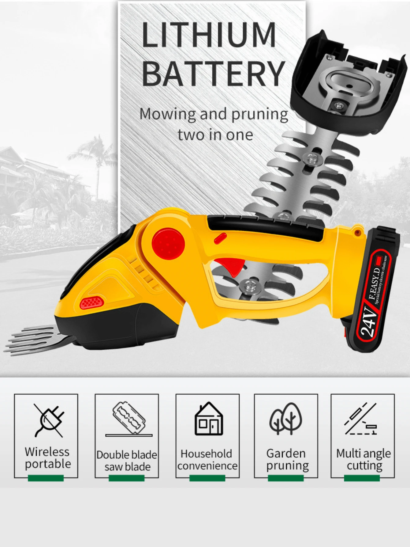 24V Hedge Trimmer Cordless & Grass Shear, 2 In 1 Handheld Shrub Trimmer ...