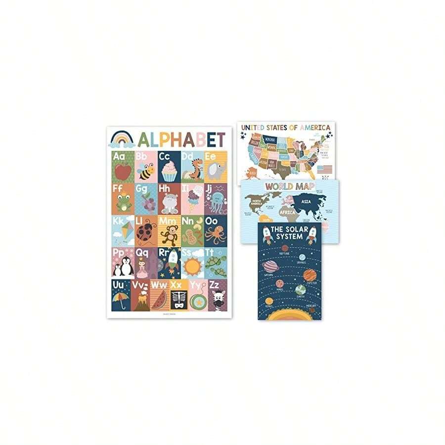 4 Boho Pre K Learning Posters - ABC Poster, Solar System Poster Maps ...