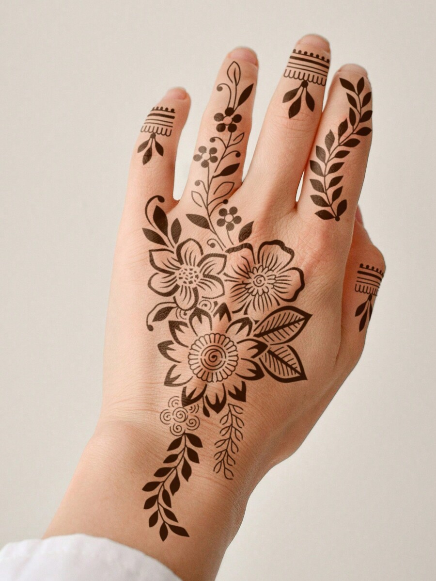 4 Sheets Hand Flower Henna Tattoo Stencil Stickers Flora Adhesive ...