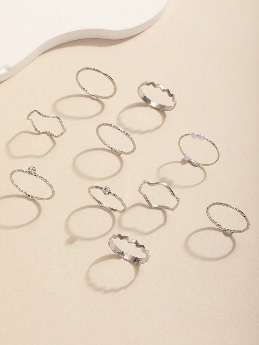 10pcs Geometric Design Silver-color Ring Set Decorated With Rhinestones ...