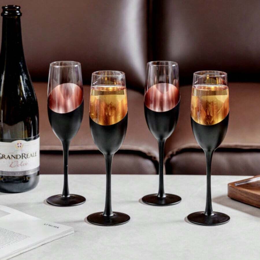 Set Of 4 Matte Black Champagne Glasses With Metallic Copper Plating ...