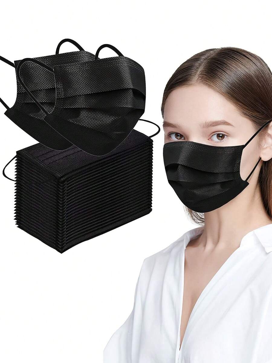 50pcs Black Disposable Dustproof Face Mask, 3-Layer Protective Face ...