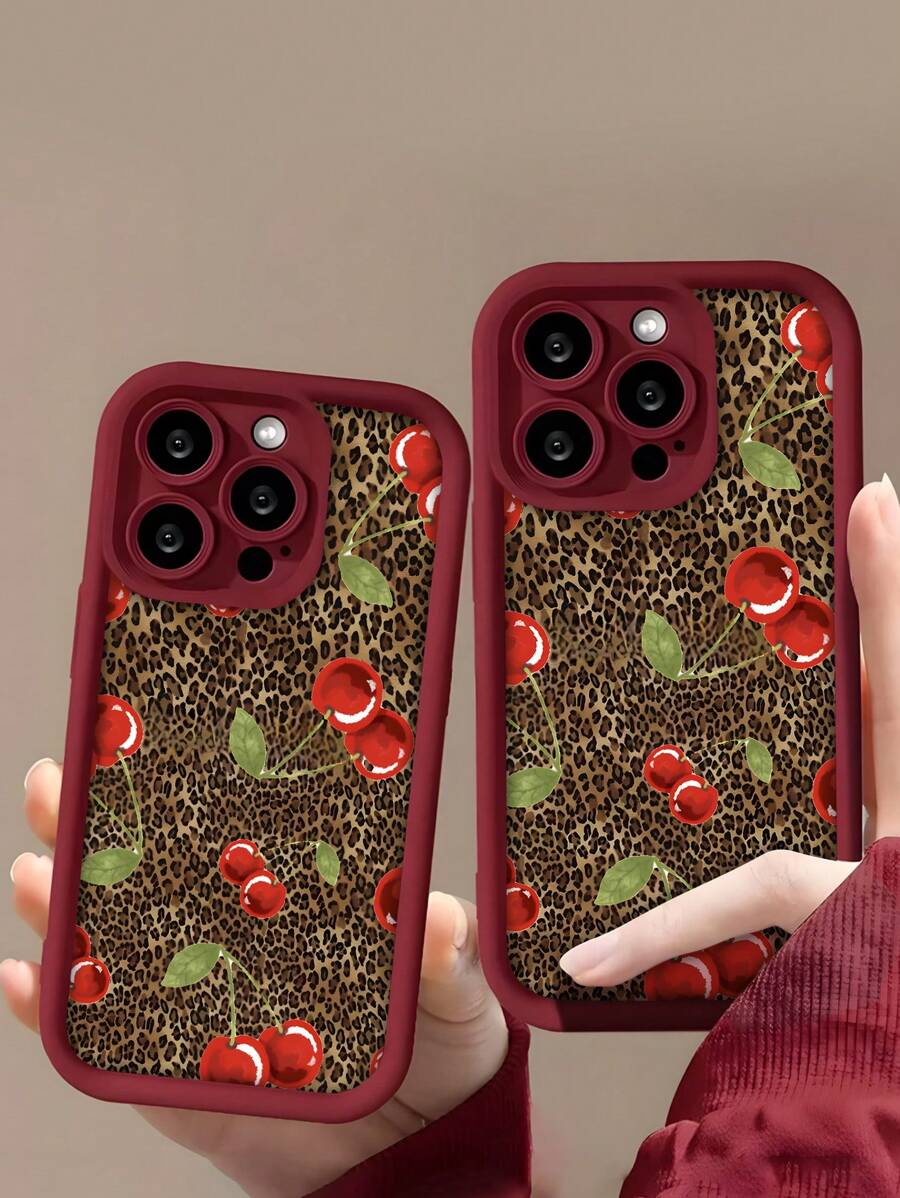 1pc Sweet & Spicy Leopard & Cherry Pattern Anti-Drop Anti-Slip Shock Absorbent Soft TPU Phone ...