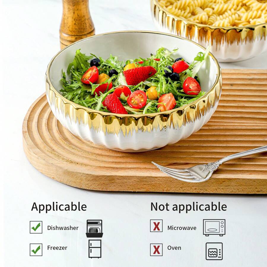 Ceramic Salad Bowl Set Of 2, 8 Inch Large Serving Bowls With Gold Trim ...