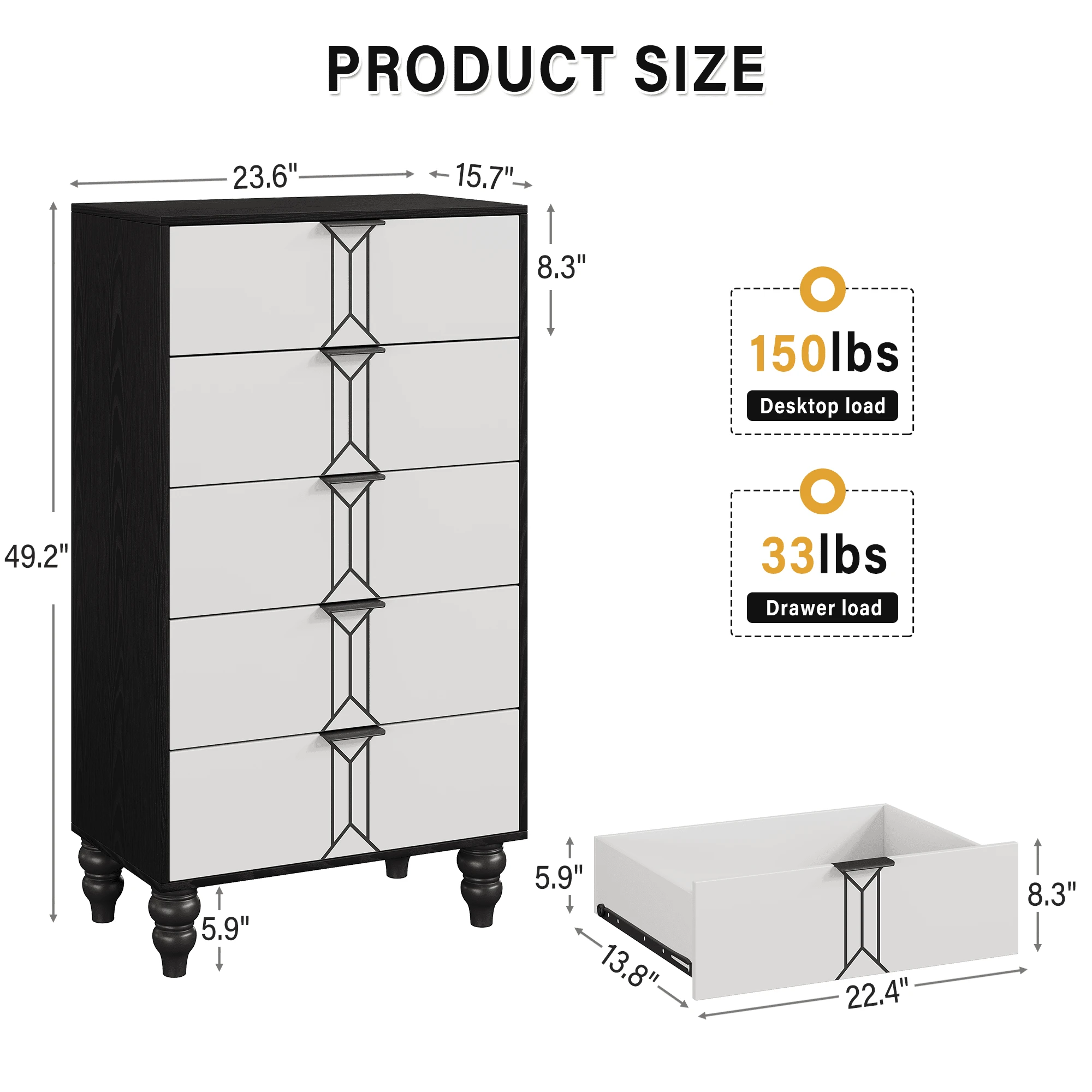 Modern Wooden 5 Drawer Dresser With Vintage Pattern Design - Tall Chest ...